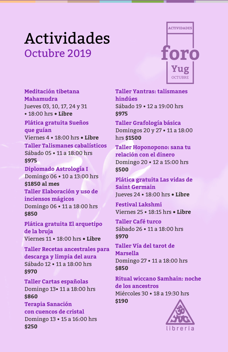 Programa actividades Foro Librería Esotérica Yug, octubre 2019